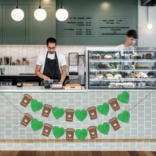 Coffee Bar Banner Green, Glitter Coffee Cup and Heart Garland, Latte Banner for Birthday Bachelorette Engagement Wedding Baby Shower Party, Coffee Bar Wall Table Decorations