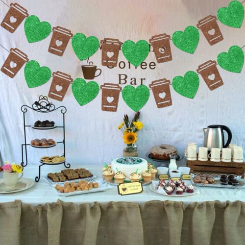 Coffee Bar Banner Green, Glitter Coffee Cup and Heart Garland, Latte Banner for Birthday Bachelorette Engagement Wedding Baby Shower Party, Coffee Bar Wall Table Decorations