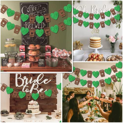 Coffee Bar Banner Green, Glitter Coffee Cup and Heart Garland, Latte Banner for Birthday Bachelorette Engagement Wedding Baby Shower Party, Coffee Bar Wall Table Decorations