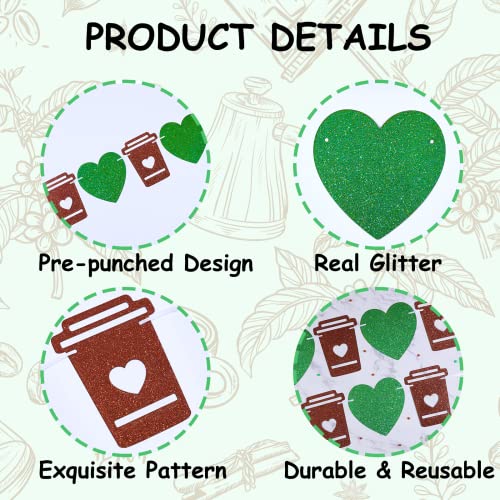 Coffee Bar Banner Green, Glitter Coffee Cup and Heart Garland, Latte Banner for Birthday Bachelorette Engagement Wedding Baby Shower Party, Coffee Bar Wall Table Decorations