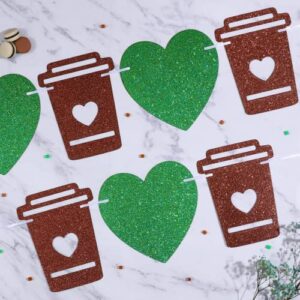 Coffee Bar Banner Green, Glitter Coffee Cup and Heart Garland, Latte Banner for Birthday Bachelorette Engagement Wedding Baby Shower Party, Coffee Bar Wall Table Decorations