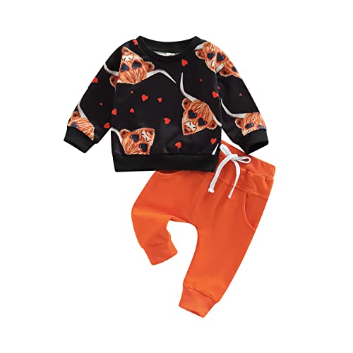 Newborn Baby Valentine's Outfits Set Infant Boy Girl Crewneck Sweatshirt Elastic Waist Pants Heart Print Fall Spring Clothes (Orange,18-24 Months)