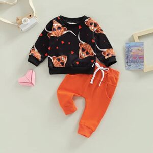 Newborn Baby Valentine's Outfits Set Infant Boy Girl Crewneck Sweatshirt Elastic Waist Pants Heart Print Fall Spring Clothes (Orange,18-24 Months)