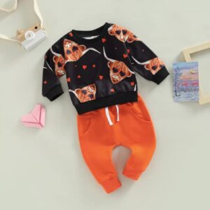 Newborn Baby Valentine's Outfits Set Infant Boy Girl Crewneck Sweatshirt Elastic Waist Pants Heart Print Fall Spring Clothes (Orange,18-24 Months)