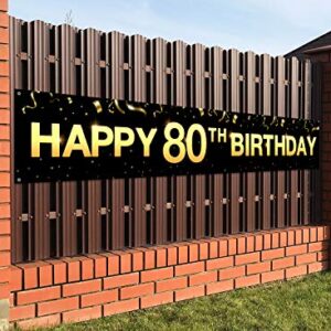 Greatingreat Large Cheers to 80 Years Banner, Black Gold 80 Anniversary Party Sign, 80th Happy Birthday Banner(9.8feet X 1.6feet)