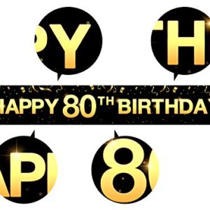 Greatingreat Large Cheers to 80 Years Banner, Black Gold 80 Anniversary Party Sign, 80th Happy Birthday Banner(9.8feet X 1.6feet)