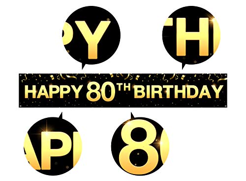 Greatingreat Large Cheers to 80 Years Banner, Black Gold 80 Anniversary Party Sign, 80th Happy Birthday Banner(9.8feet X 1.6feet)