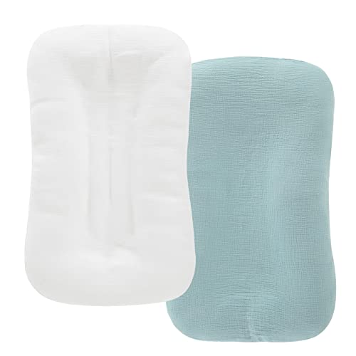 HOMBYS Muslin Baby Lounger Cover 2 Pack for Newborn, 100% Cotton Lounger Slipcover, Ultra Soft Removable Cover for Infant Lounger Pillow (Light Green & White)