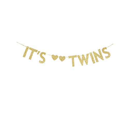 It's Twins Banner, Twins Baby Shower Party/Gender Reveal Party Decorations Gold Gliter Paper Signs