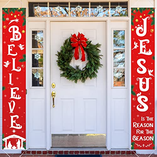 Christmas Front Porch Banners Religious Nativity Scene Sign Holiday Hanging Banner Xmas Decoration for Front Door Believe Jesus is The Reason for The Season 12 x 71 Inch