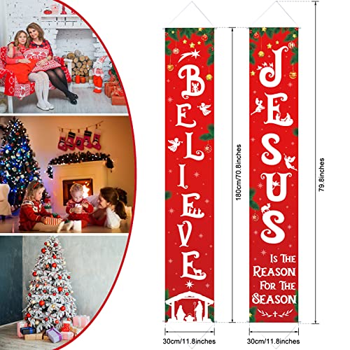 Christmas Front Porch Banners Religious Nativity Scene Sign Holiday Hanging Banner Xmas Decoration for Front Door Believe Jesus is The Reason for The Season 12 x 71 Inch