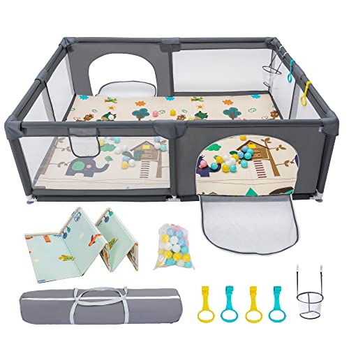 Baby Playpen with Playmat, Cuddor Large Play Yard for Babies and Toddlers 79'' x 59'', Infant Activity Center Play Pen Fence Indoor and Outdoor (Dark Gray)