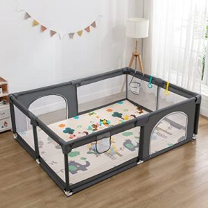 Baby Playpen with Playmat, Cuddor Large Play Yard for Babies and Toddlers 79'' x 59'', Infant Activity Center Play Pen Fence Indoor and Outdoor (Dark Gray)