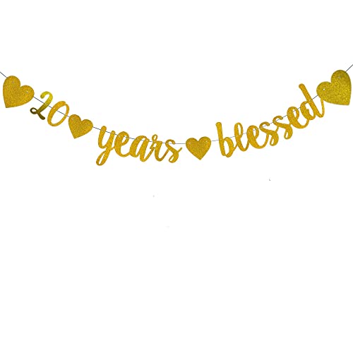 WEIANDBO 20 Years Blessed Gold Glitter Banner,Pre-Strung,20th Birthday / Wedding Anniversary Party Decorations Bunting Sign Backdrops,20 Years blessed