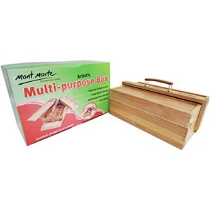 mont marte multi-purpose wooden art box. 3 layers of storage for organizing art supplies. features a leather carry handle for easy transport