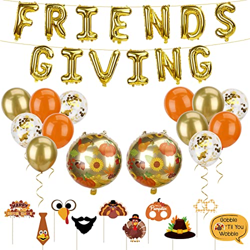 Friendsgiving Party Decorations, Friendsgiving Balloons Garland Kit includes Gold "FRIENDS GIVING" Foil Banner, 14 Balloons, 10 Photo Props and 1 Gold Fringe Curtain, 38 Pcs Thanksgiving Fall Decor