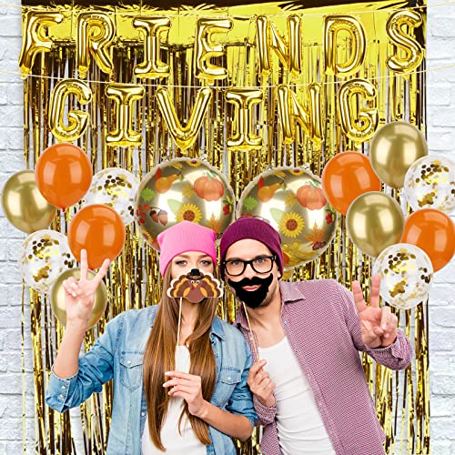 Friendsgiving Party Decorations, Friendsgiving Balloons Garland Kit includes Gold "FRIENDS GIVING" Foil Banner, 14 Balloons, 10 Photo Props and 1 Gold Fringe Curtain, 38 Pcs Thanksgiving Fall Decor