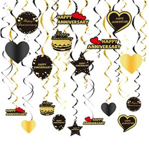 kauayurk 27pcs happy anniversary hanging swirl decorations – black gold happy wedding anniversary party swirl ceiling backdrop supplies – wedding anniversary hanging decor sign