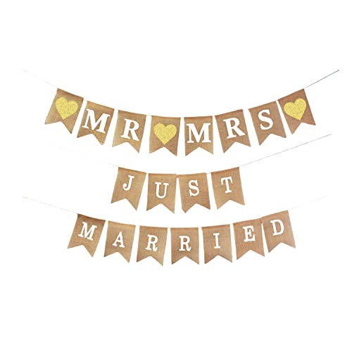 Just Married Banner Flag – Mr and Mrs Banner Rustic Burlap Sign Decoration for Wedding Party Table Photobooth Props Home Wall by Mandala Crafts