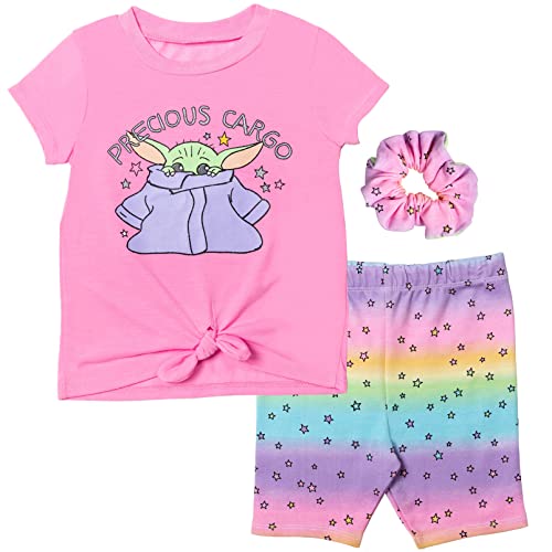 Star Wars The Child Toddler Girls Graphic T-Shirt Shorts and Scrunchie 3 Piece Outfit Set Pink/Rainbow 5T