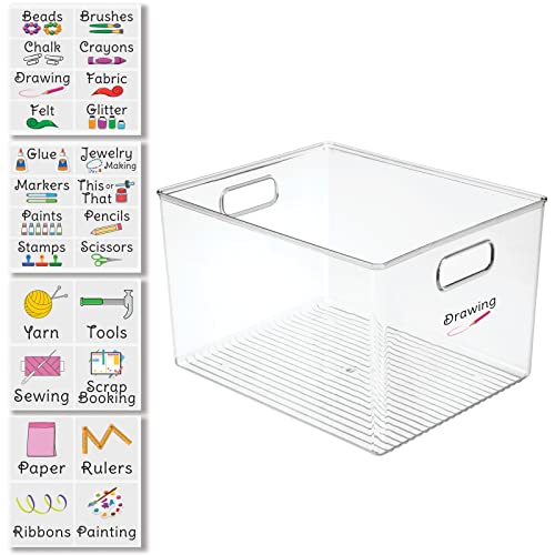 mDesign Plastic Craft Room Storage Box - Sewing, Crochet Storage Container with Built-in Handles for Thread, Beads, Ribbon, Glitter, Clay - 12" x 10" x 8" Includes 24 Labels - Clear