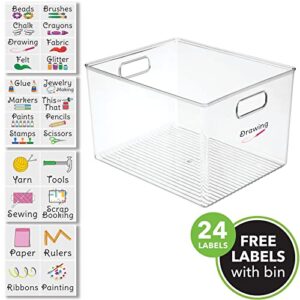 mDesign Plastic Craft Room Storage Box - Sewing, Crochet Storage Container with Built-in Handles for Thread, Beads, Ribbon, Glitter, Clay - 12" x 10" x 8" Includes 24 Labels - Clear