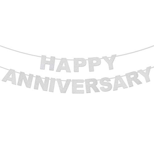 LINGTEER Happy Anniversary Silver Glitter Bunting Banner Perfect for Wedding Anniversary Party Decorations.[Pre-Strung]