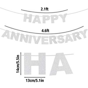 LINGTEER Happy Anniversary Silver Glitter Bunting Banner Perfect for Wedding Anniversary Party Decorations.[Pre-Strung]