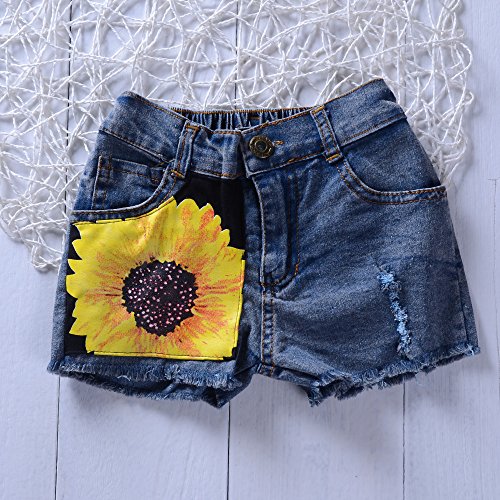 2pcs/Set Toddler Kids Baby Girl Sleeveless Floral T-Shirt Top Sunflower Denim Jeans Shorts Outfits 1-8T (Black a, 7-8 Years)