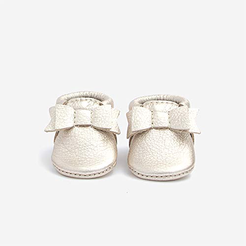 Freshly Picked - Soft Sole Leather Bow Moccasins - Newborn Baby Girl Shoes - Size 0 Platinum