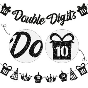 10th Birthday Decorations for Boys Double Digits Birthday Banner Black Glitter 10 Year Old Birthday Sign Ten Years Old Banner Garland