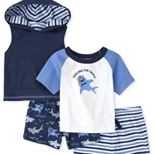 The Children's Place Baby Boys Sleeve Shirt and Shorts, 4-Piece Playwear Set 4-Pack, Shark Blue, 9-12 Months