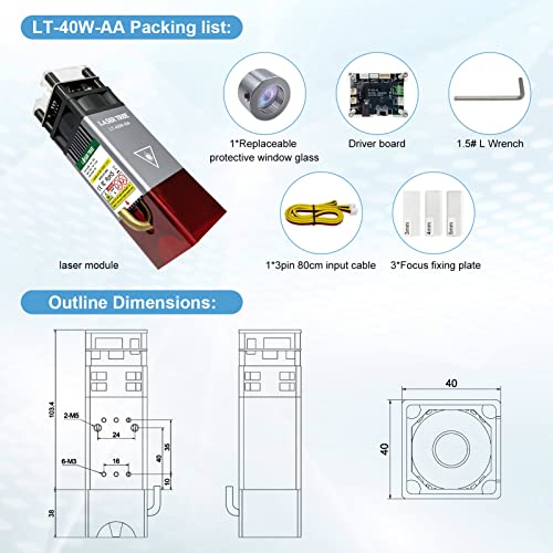 LASER TREE 40W Laser Module, 5W Optical Output Power Laser Cutter Module w/Metal Air Assist, Compatible with Laser Engraver Laser Cutter Machines CNC, 45mm Fixed Focus 12V