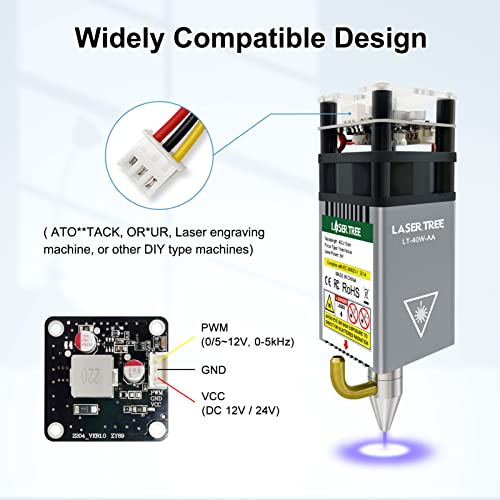 LASER TREE 40W Laser Module, 5W Optical Output Power Laser Cutter Module w/Metal Air Assist, Compatible with Laser Engraver Laser Cutter Machines CNC, 45mm Fixed Focus 12V