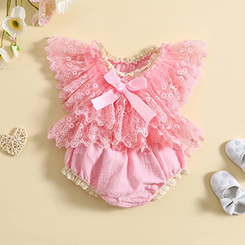 Infant Girls Crochet Bodysuits Baby Girl Cotton Linen Romper Lace Ruffle Summer Clothes Flutter Sleeves Jumpsuits (Pink , 3-6 Months )