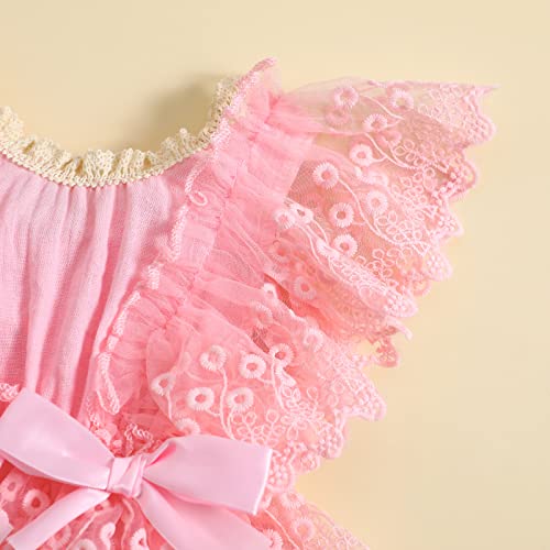 Infant Girls Crochet Bodysuits Baby Girl Cotton Linen Romper Lace Ruffle Summer Clothes Flutter Sleeves Jumpsuits (Pink , 3-6 Months )