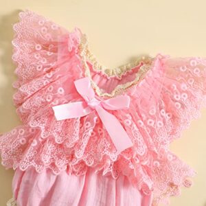 Infant Girls Crochet Bodysuits Baby Girl Cotton Linen Romper Lace Ruffle Summer Clothes Flutter Sleeves Jumpsuits (Pink , 3-6 Months )