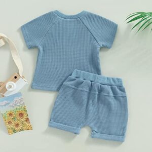 Toddler Baby Boy Girl Clothes Summer Waffle Knit Short Sleeve Buttons T-Shirt Elastic Waist Shorts Set 0-3T Outfits (Blue Waffle Knit, 18-24 Months)