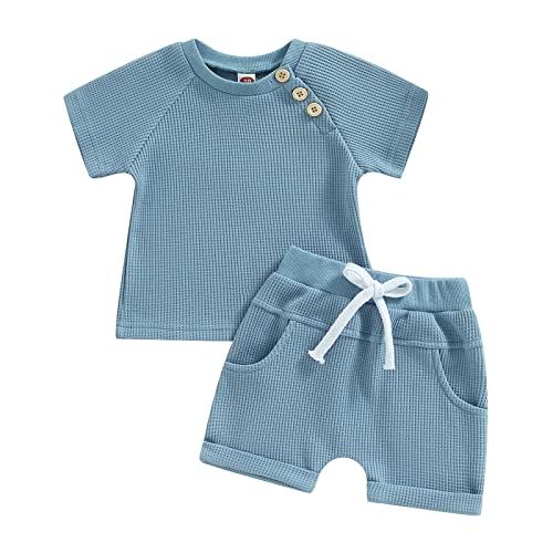 Toddler Baby Boy Girl Clothes Summer Waffle Knit Short Sleeve Buttons T-Shirt Elastic Waist Shorts Set 0-3T Outfits (Blue Waffle Knit, 18-24 Months)