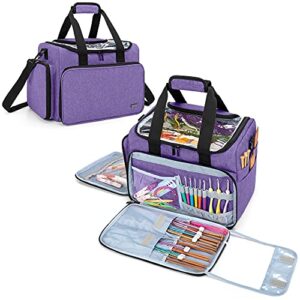 teamoy yarn storage bag, travel knitting tote bag with foldable inner dividers for wip, yarn skeins and knitting accessories, purple