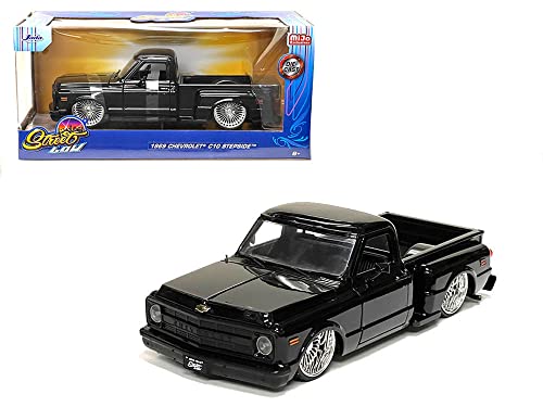 1969 Chevy C10 Stepside Lowrider Pickup Truck Black Street Low Series 1/24 Diecast Model Car by Jada 34302