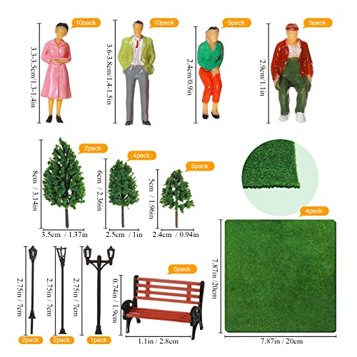 55 Pcs Model Trains Architectural Scale Painted Figures, Include 30 Miniature People 5 Street Lamps 11 Mixed Model Trees 5 Model Park Street Seat 4 Fake Grass for Miniature Scene (1:50)