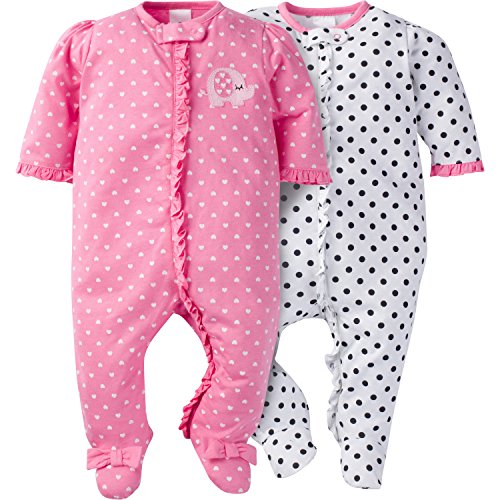 Gerber Baby Girls' 2 Pack Zip Front Sleep 'n Play,Elephants/Flowers,6-9 Months