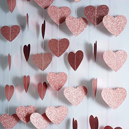 Rose Gold Love Heart Hanging Paper Garlands Decorations Wedding Valentines Bachelorette Party Ceiling Hangings Bridal Shower Engagement Party Favors Decorations, 52ft