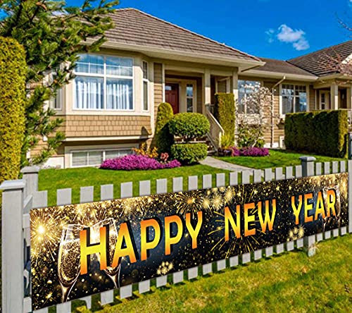 Large Happy New Year Banner New Year Party Decoration New Year Eve Sign Banner 2022 New Year Party Supplies New Year Home Hanging Decoration for Outdoor & Indoor (9.8 x 1.6 feet)