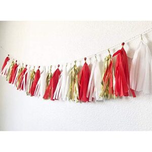 15pcs 14inch Tassel Garland Tassel Banner Red, White, and Gold Tassel Garland for Weddings, Baby Shower, Bridal Shower, Birthday, Graduation Party, Nursery Decoration