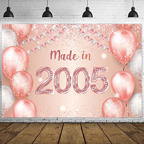 Made in 2005 Rose Gold Happy 18th Birthday Banner Cheers to 18 Years Old Backdrop Balloon Confetti Theme Decor Decorations for Girls Women Pink Birthday Party Supplies Bday Background Glitter