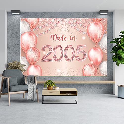 Made in 2005 Rose Gold Happy 18th Birthday Banner Cheers to 18 Years Old Backdrop Balloon Confetti Theme Decor Decorations for Girls Women Pink Birthday Party Supplies Bday Background Glitter