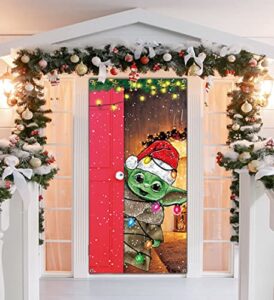 funny christmas door cover cute baby yo-da christmas door sign banner star funny wars merry christmas door decoration santa yo-da christmas backdrop for door wall window 6.6 x 3 ft