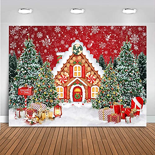 Mocsicka Christmas House Backdrop Christmas Candy House Snowflake Wonderland Pine Tree Photography Background for Kids Vinyl Cookie Exchange Kids Theme Birthday Party Decoration Banner (7x5ft)